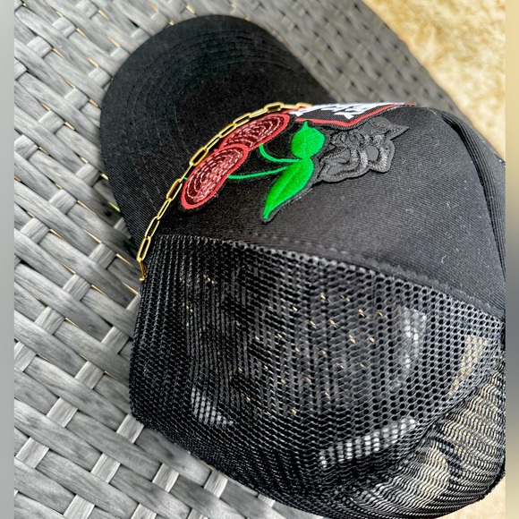 Accessories | Sorry Not Sorry Black Cherry Mouth Rose Patch With Gold Chain Trucker Hat Cap ...